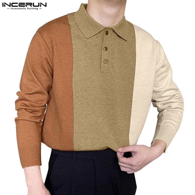 INCERUN Men Korean Style CasualLong Sleeve Contrast Color Polo Shirts ...