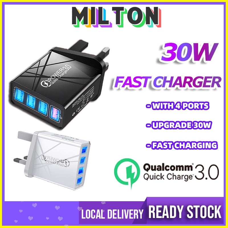 30W Fast Charging Adapter 4 USB Port Phone Charger Adapter QC 3.0 UK ...