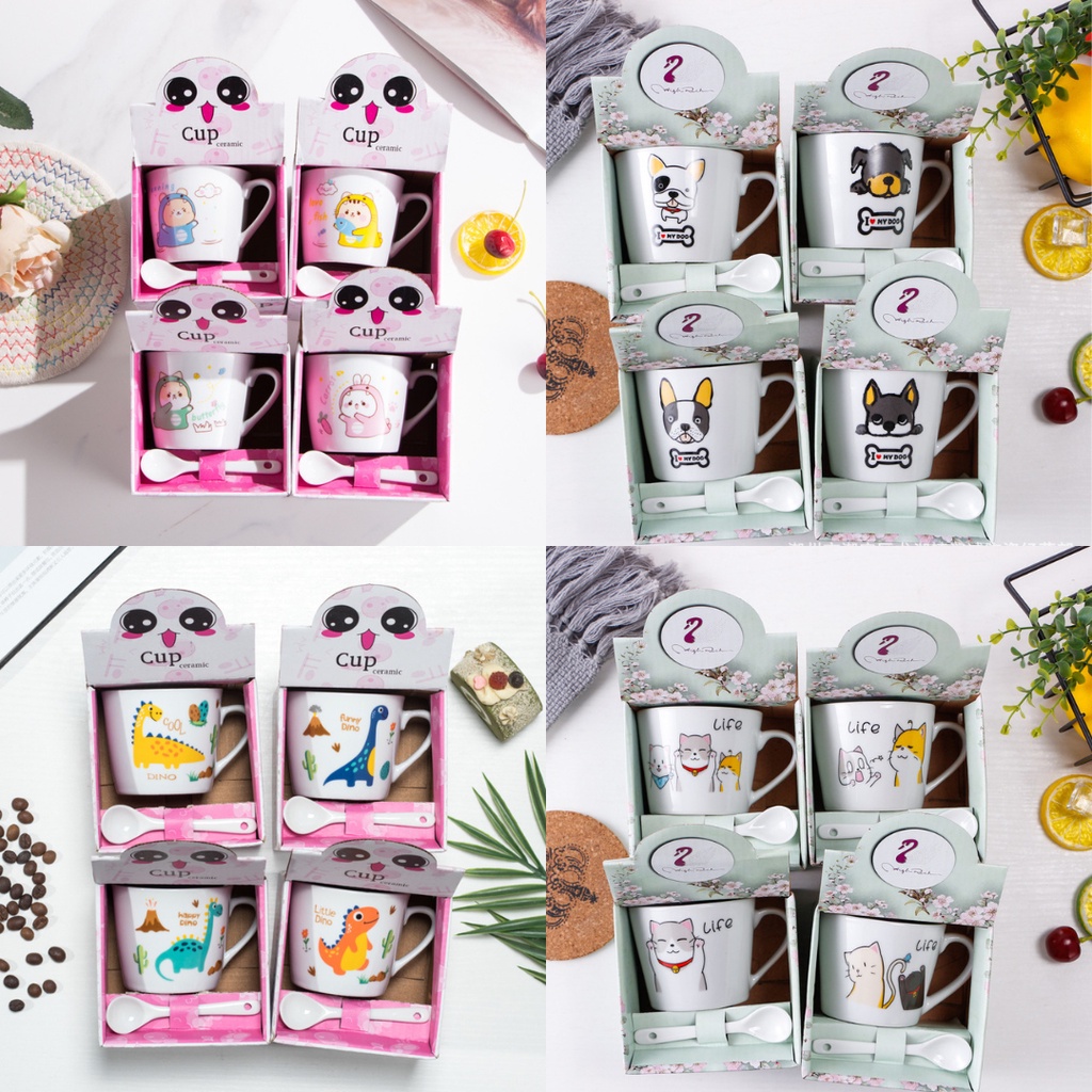 Cute Ceramic Mug Set With Spoon Coffee Cup Drinking Mugs Milk Tea Cups ...
