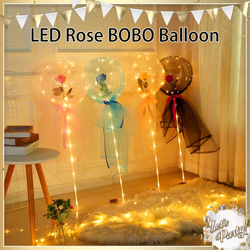 (Free Battery) Led Rose Bobo Ball Bouquet Transparent Luminous Balloon Gift Birthday Party ...