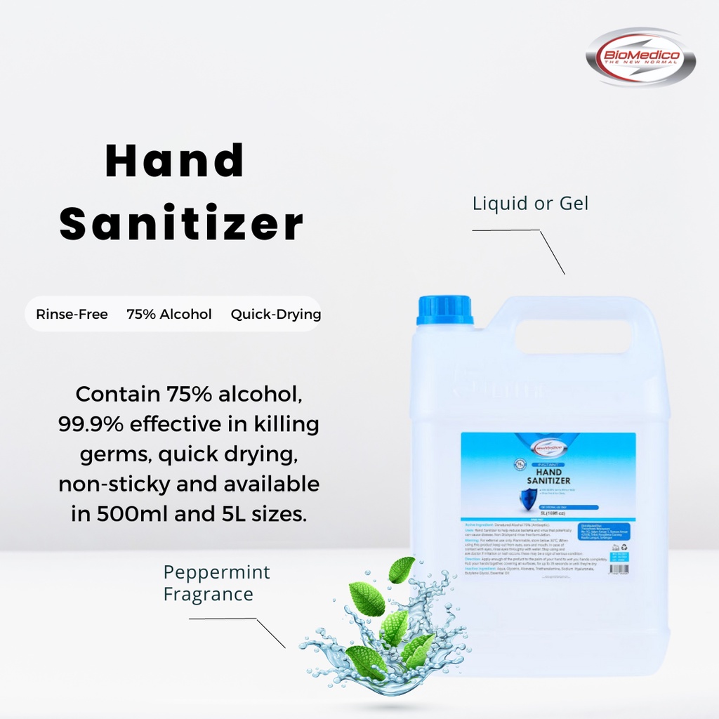 BIOMEDICO Hand sanitizer 5L - 75% alcohol Gel or Liquid | Shopee Malaysia