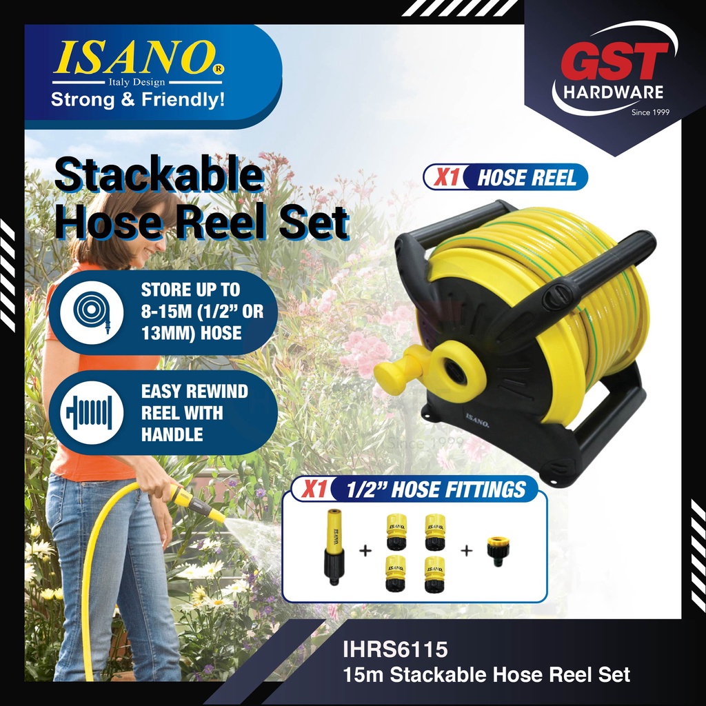 Isano Stakable Garden Hose Reel Set with 15m Waster Hose Wall Mount ...