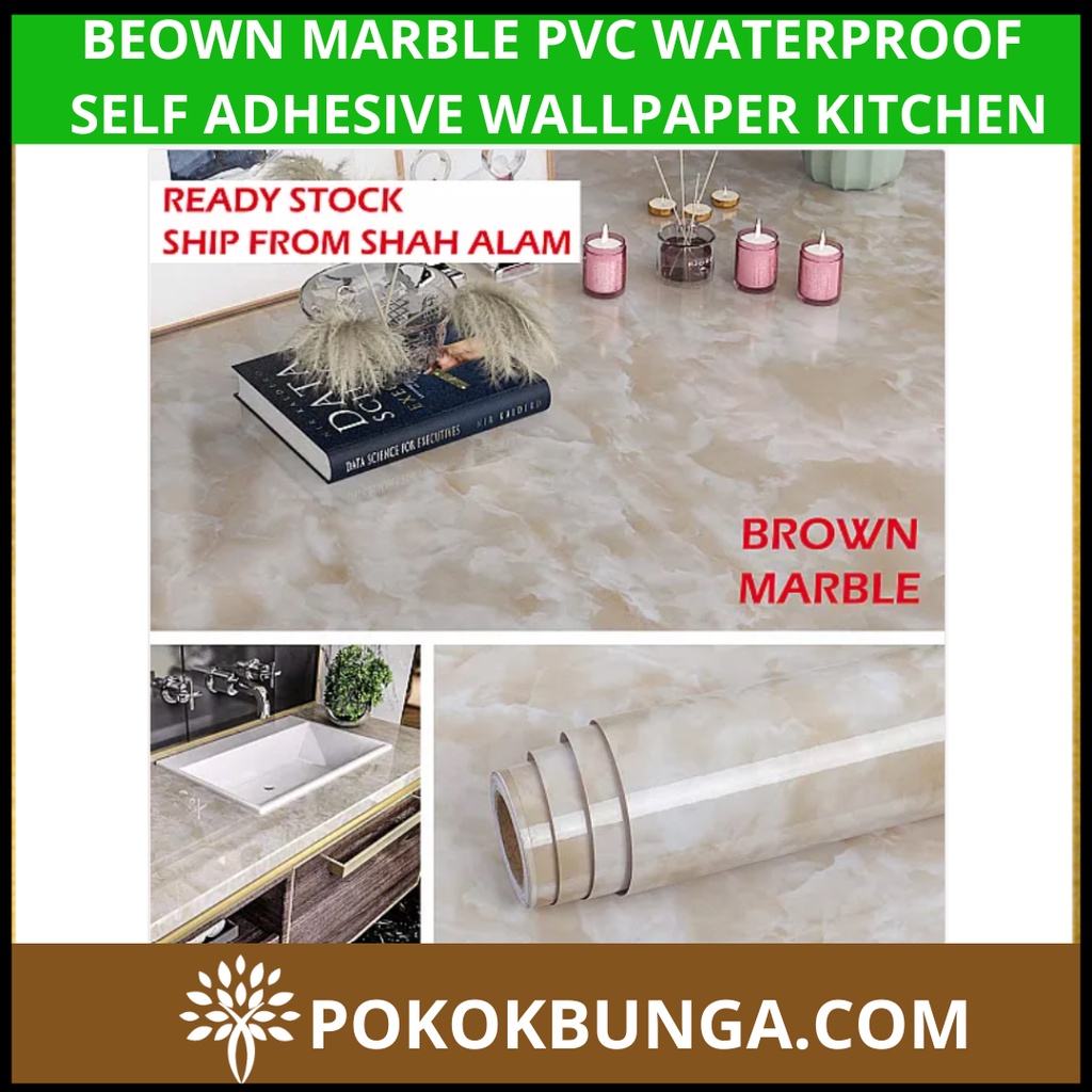 60cm x 50m Brown Marble PVC Waterproof Wallpaper Wall Sticker Kertas ...