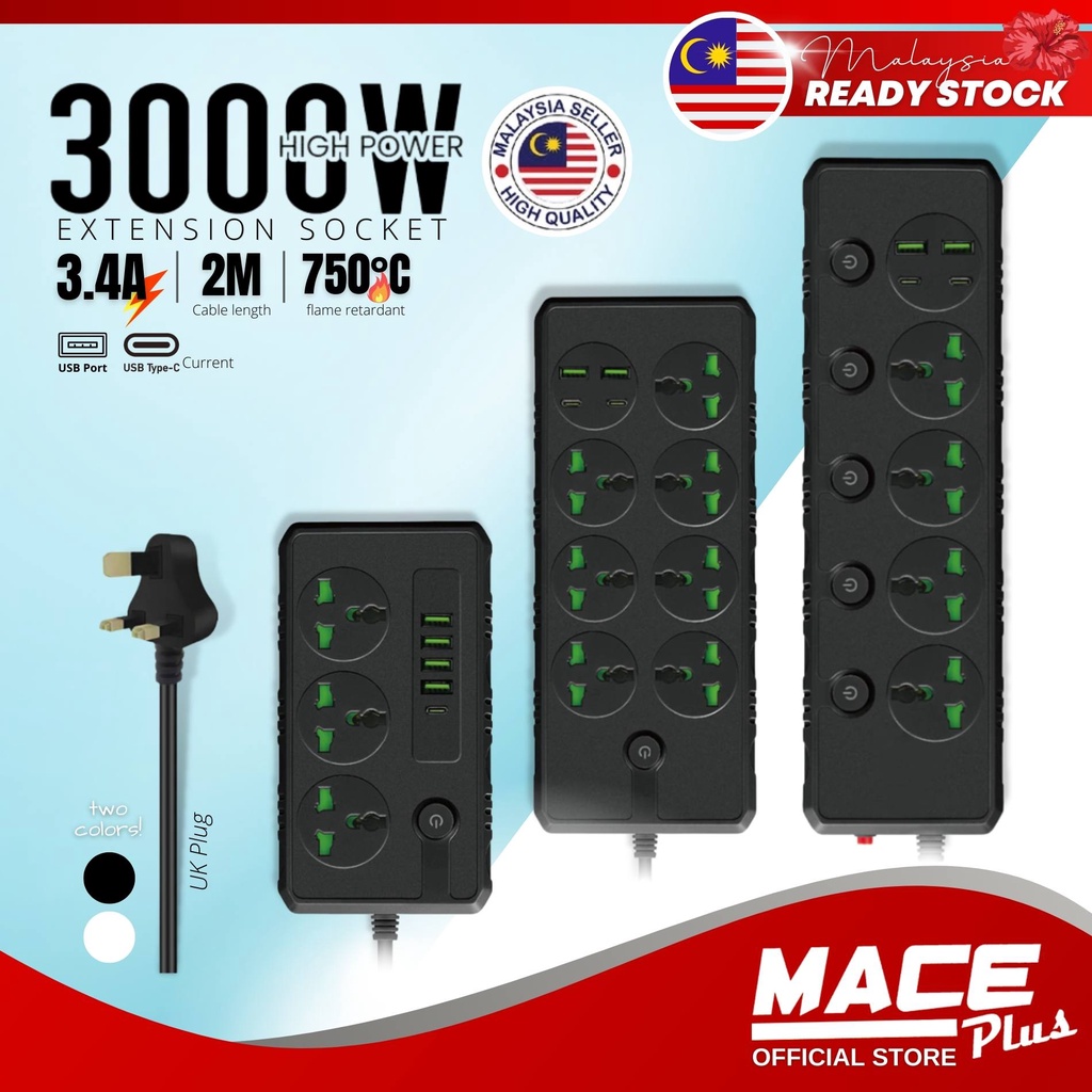 LUCKY HAWK 3.4A Power Socket USB Extension USB Port Type C UK Extension ...