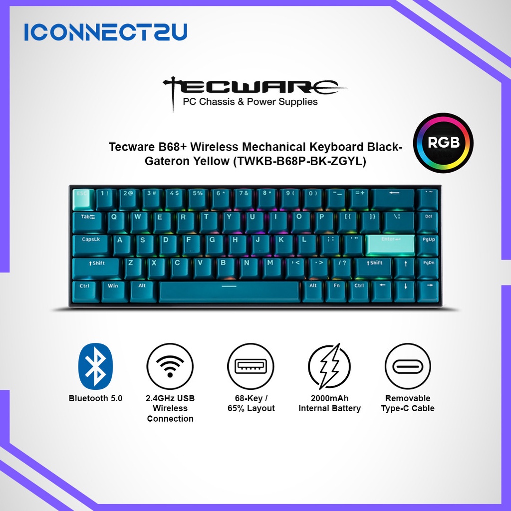 Tecware B68+ Wireless Mechanical Keyboard Black - Gateron Yellow (TWKB ...