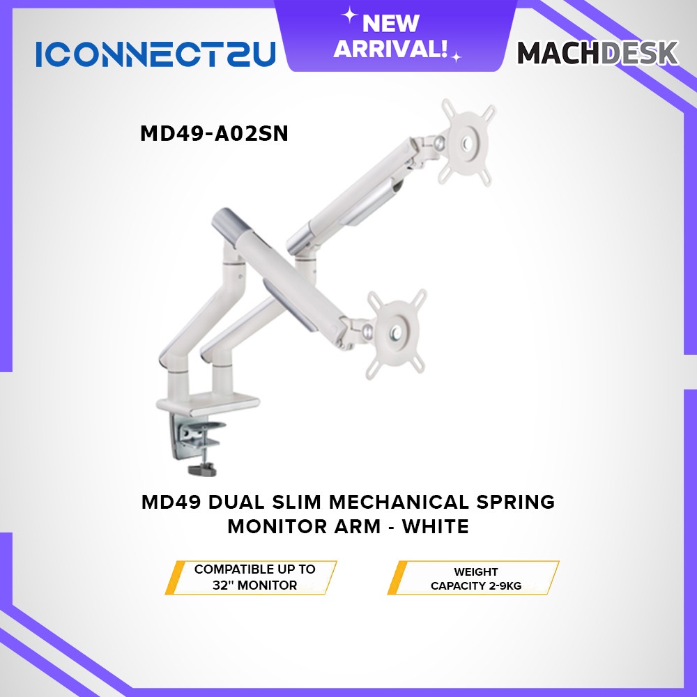 MachDesk MD49 Dual Slim Mechanical Spring Monitor Arm - White (MD49 ...