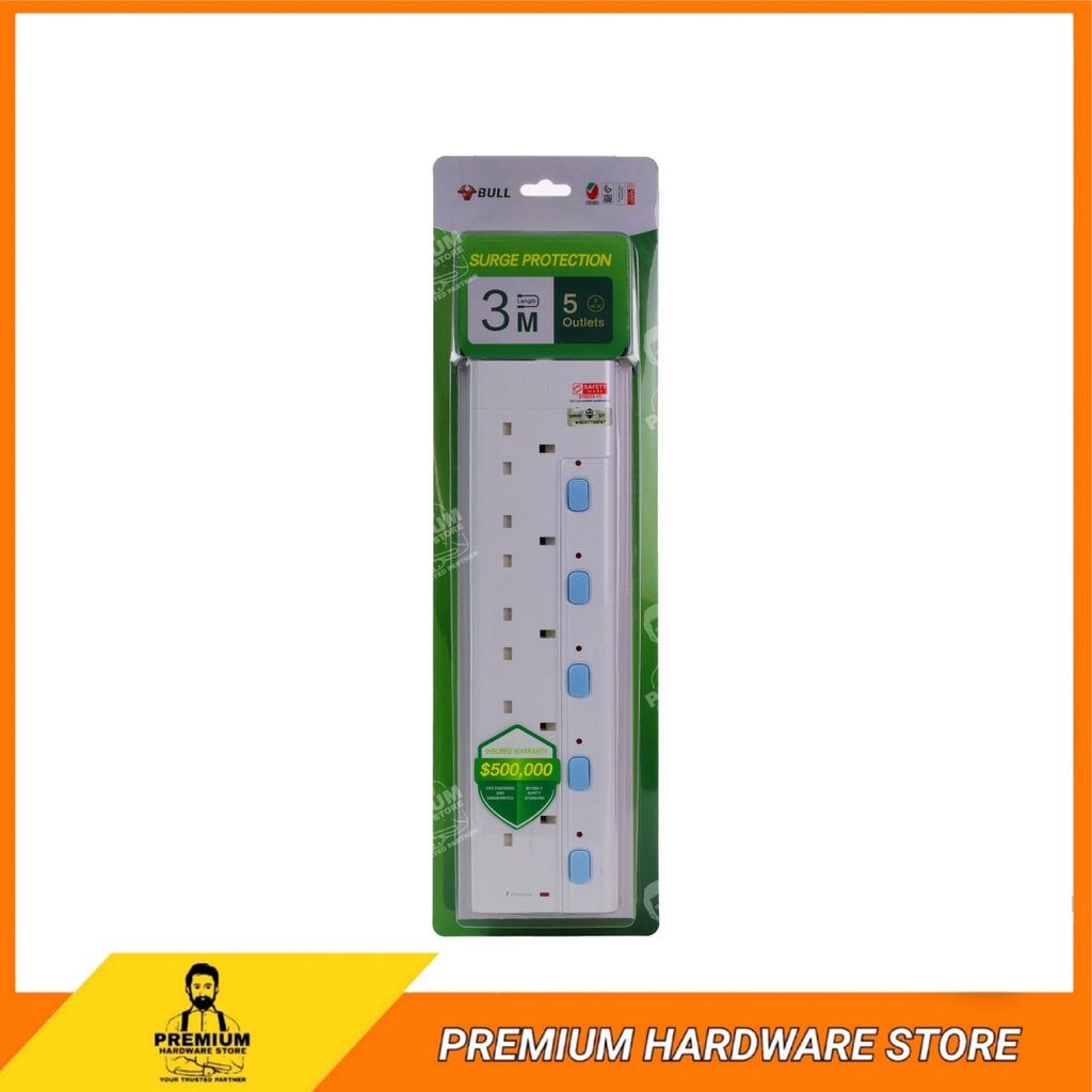 BULL / GONGNIU 5 Gang Surge Protection Trailing Socket 3M Portable Wire Cable Extension Electric ...