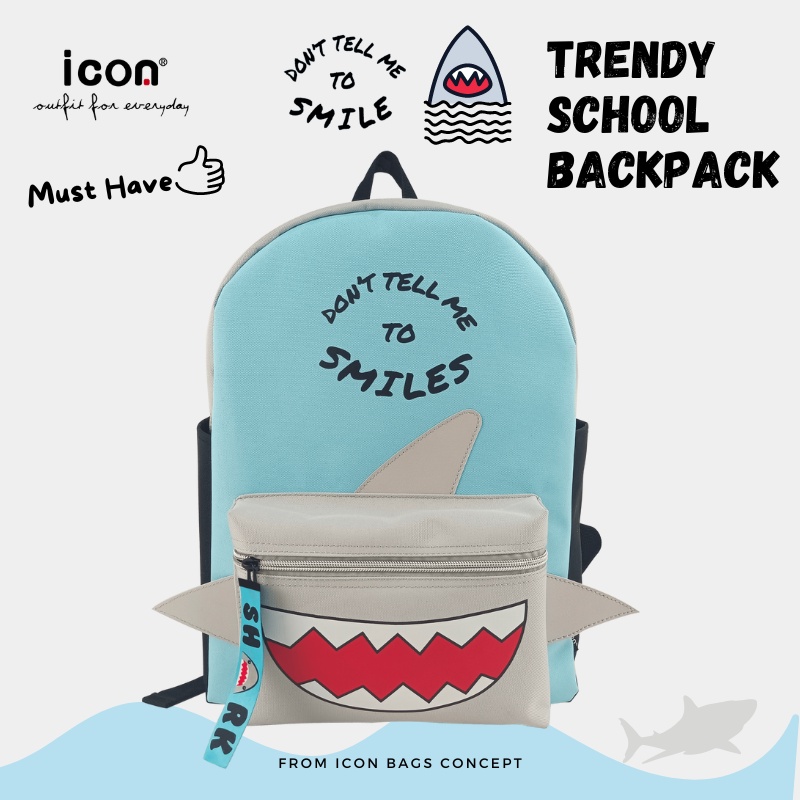 ICON Shark Smiles Backpack Design in Blue & Grey background in cute ...