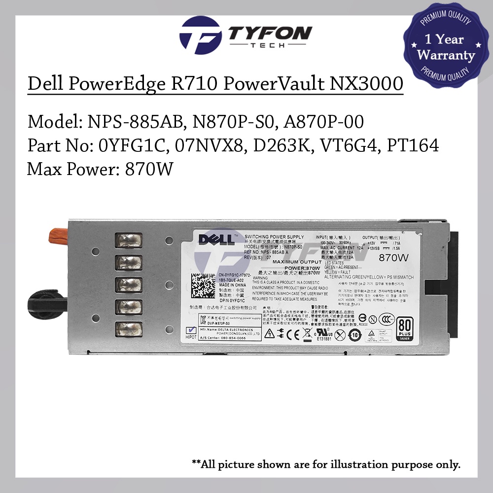 Dell PowerEdge R710 T610 PowerVault NX3000 NX3100 Power Supply PSU 870W ...