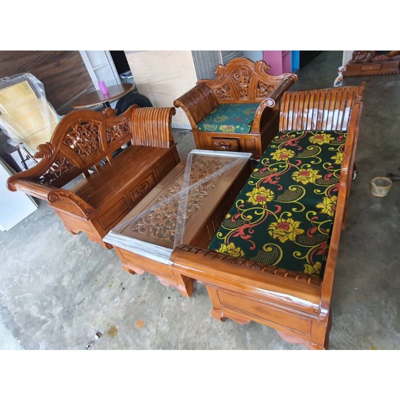 KERUSI KAYU JATI MADURA/SET SOFA JATI INDONESIA (3+2+1+MEJA+kaca ...
