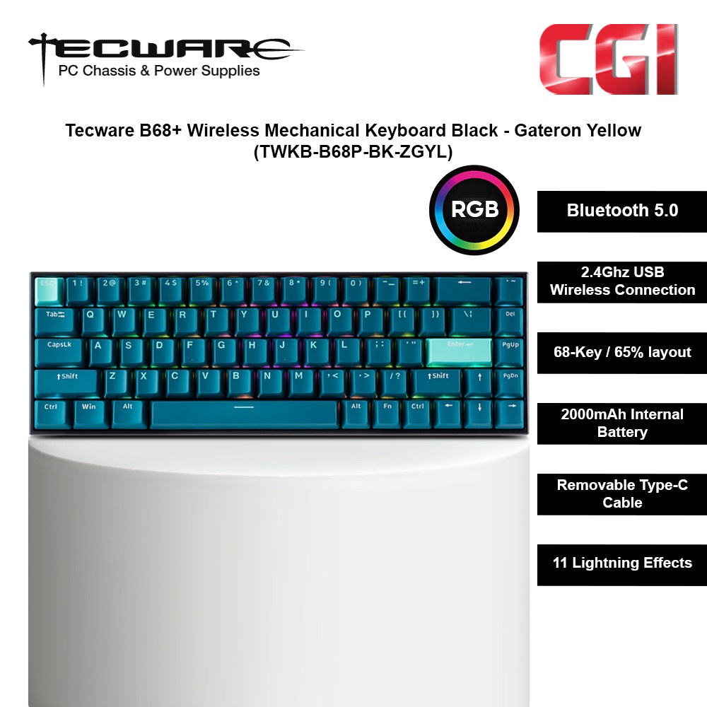 Tecware B68+ Wireless Mechanical Keyboard Black - Gateron Yellow (TWKB ...