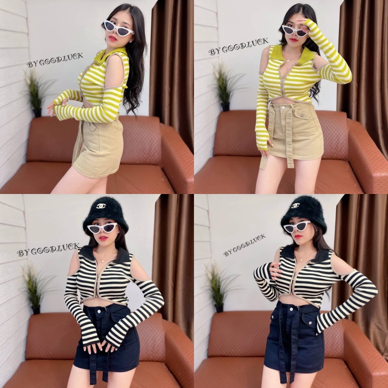 MesubShop Long Sleeve Crop Top Zip-Up Detail Show Off The Shoulder Sexy Slit Fabric Very Soft ...