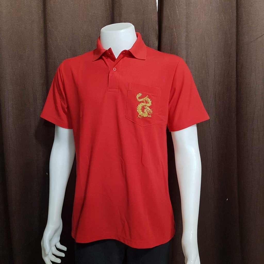 Chinese New Year Red Polo Shirt All Gold Metallic Embroidery Dragon ...