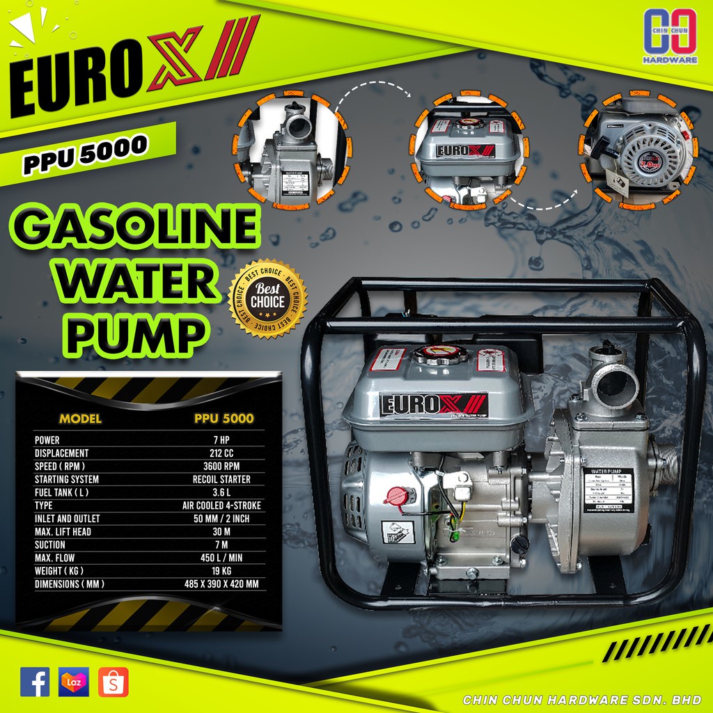 EURO X GASOLINE WATER PUMP PPU5000 | PPU 5000 | 7HP | GASOLINE ENGINE WATER PUMP HIGH HEAD ...