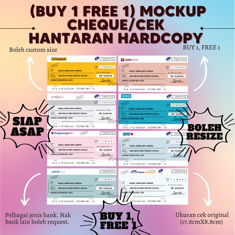 [BUY 1, FREE 1] MOCKUP CHEQUE HARDCOPY PRINT UNTUK HANTARAN / HADIAH ...