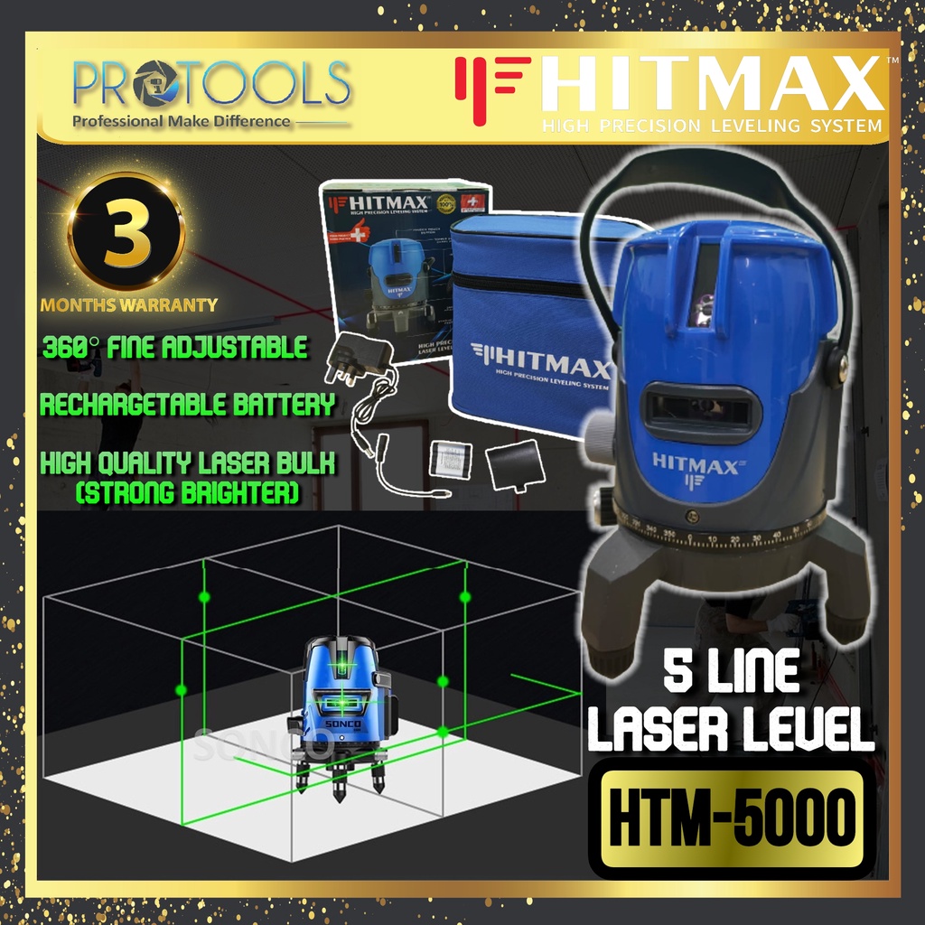 HITMAX HTM-5000 5 LINE LASER LEVEL ( GREEN LIGHT ) 360° ROTARY SELF ...