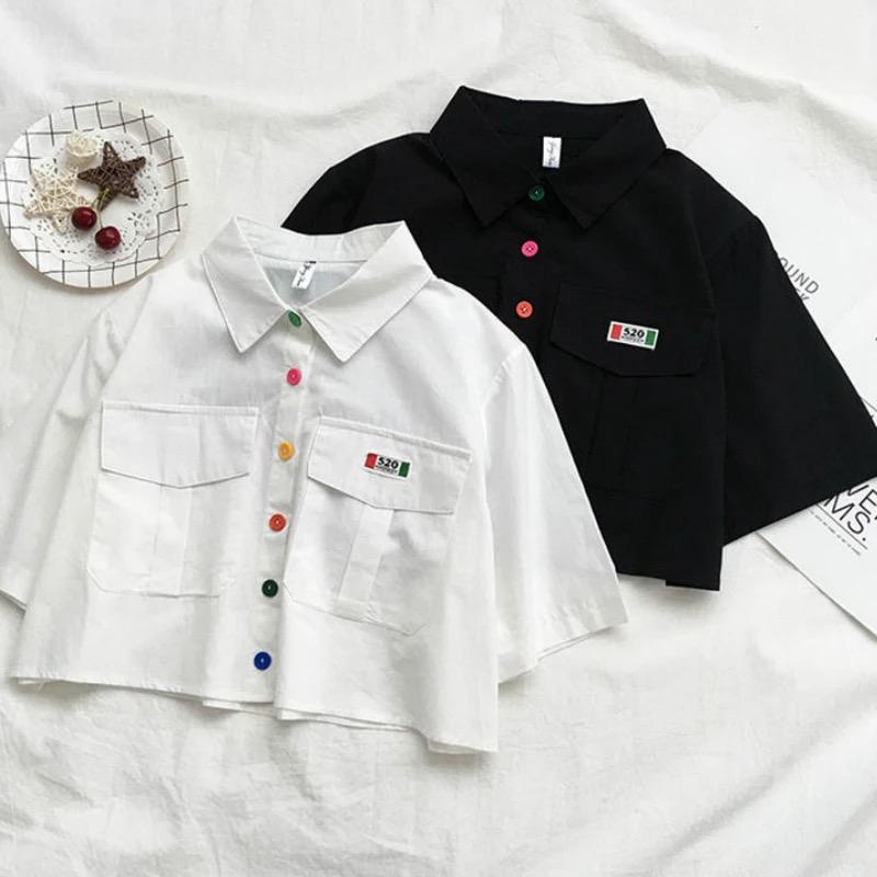 KEMEJA HITAM PUTIH Jito CROP TOP SHIRT COTTON POPLIN RAINBOW BUTTON ...