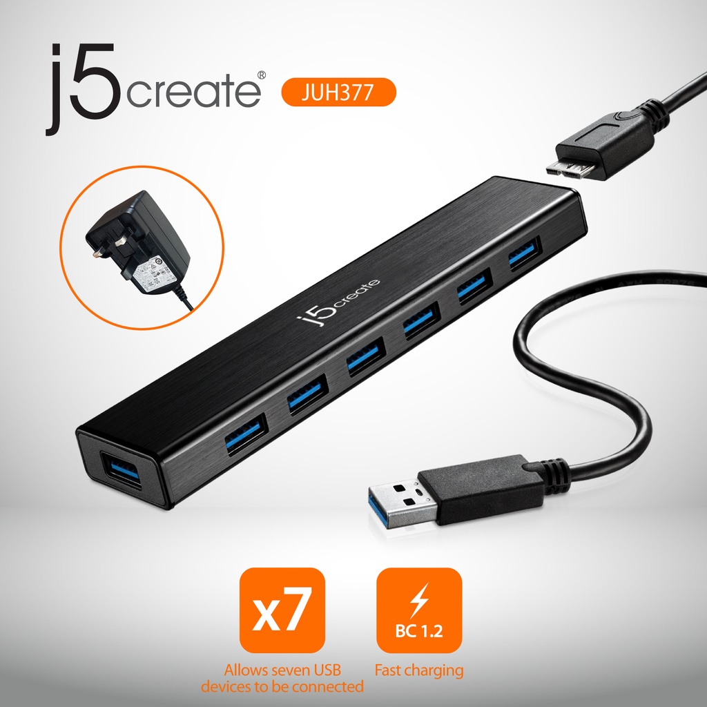 j5create JUH377 7-Port Hab / USB 3.0 SuperSpeed Hub with AC Adapter ...