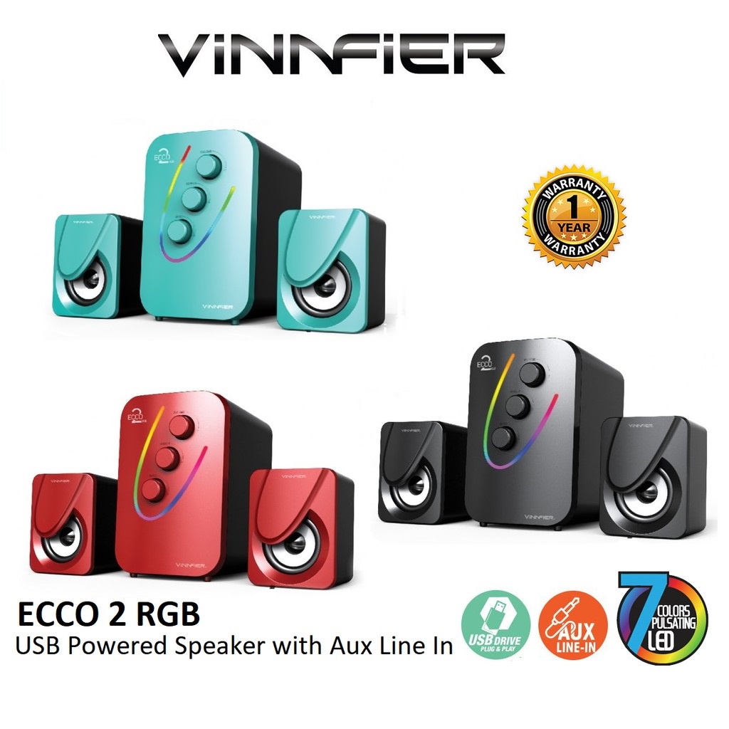 VINNFIER ECCO2U / ECCO 2 RGB USB POWERED 2.1 SPEAKER WITH AUX LINE IN AND 7 COLORS PULSATING LED ...