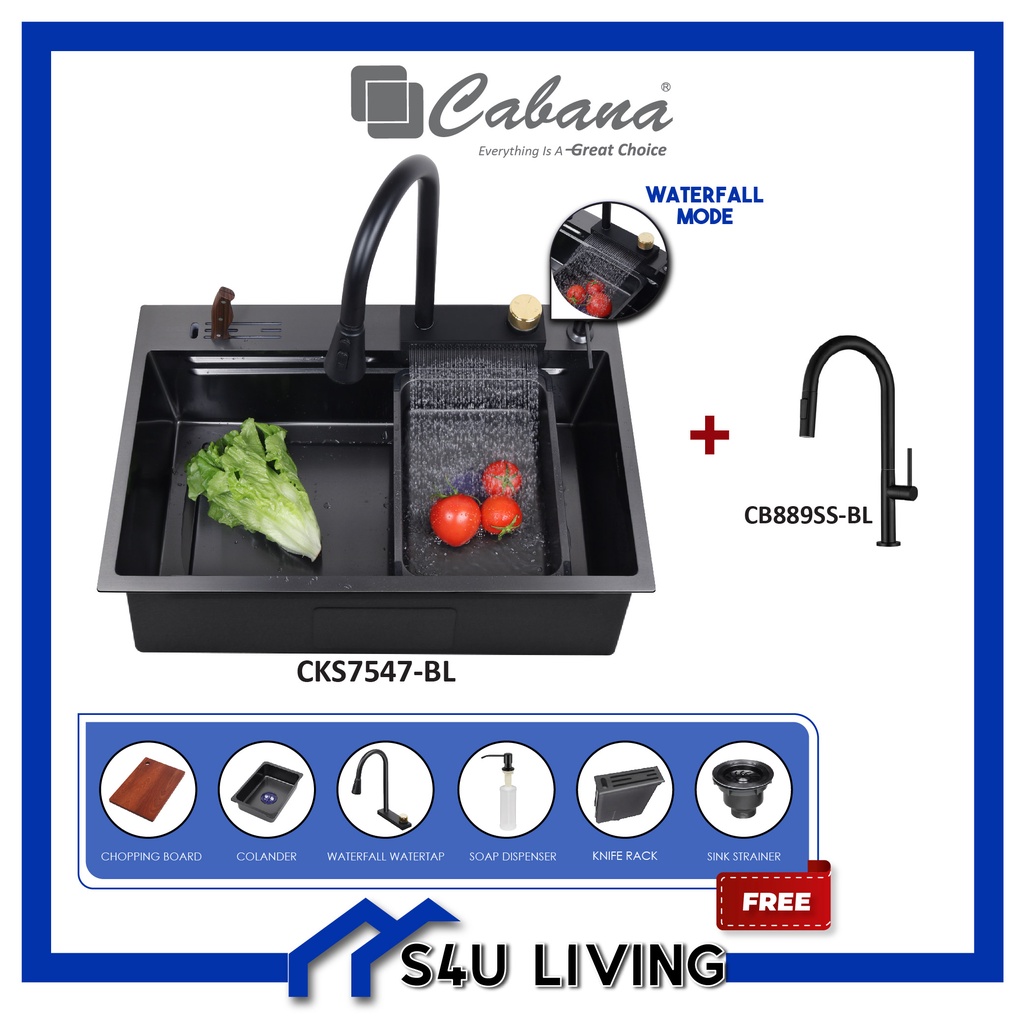 CABANA CKS7547-BL Waterfall Mode Multifunction Single Bowl 75cm Kitchen ...