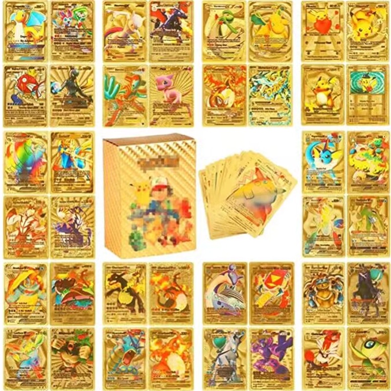 110Pcs/Box English Metal Gold Pocket Monster Cards Anime Charizard ...