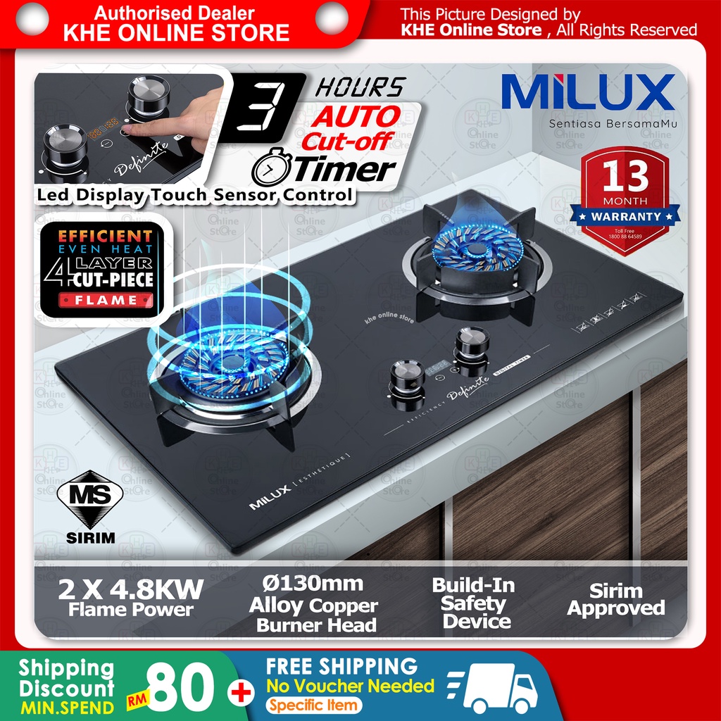 Milux Built In Hob Gas Cooker with Digital Touch Timer 4.8KW Dapur Gas ...