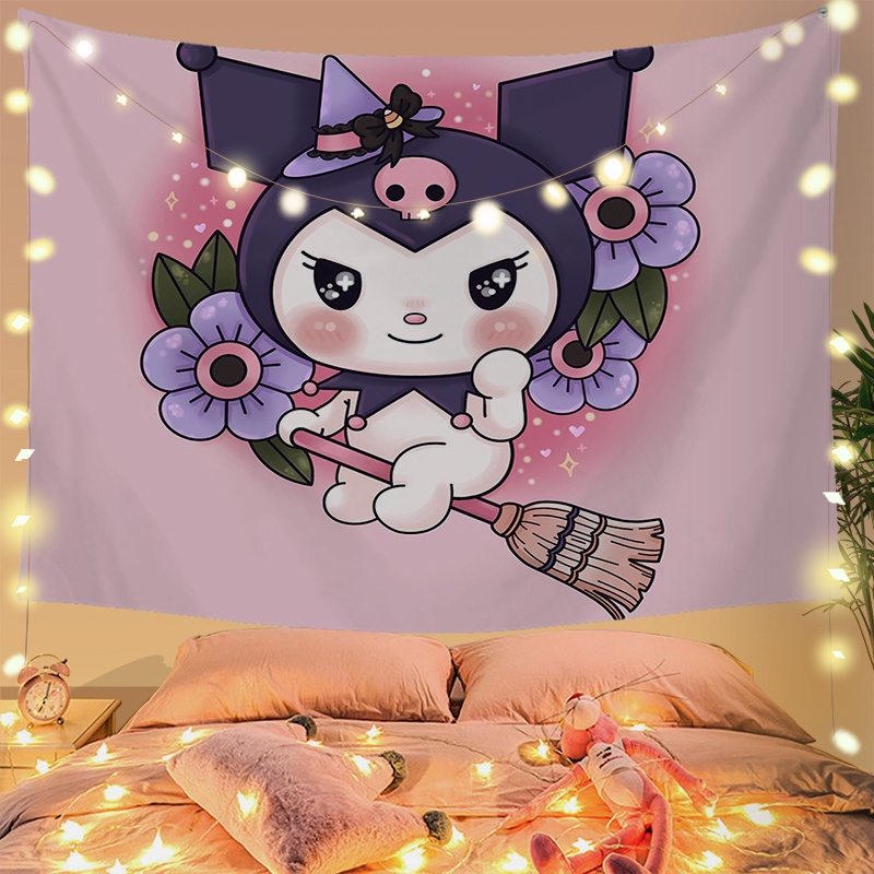 Tapestry Background with Clips Cartoon Character Kuromi Polyester ...