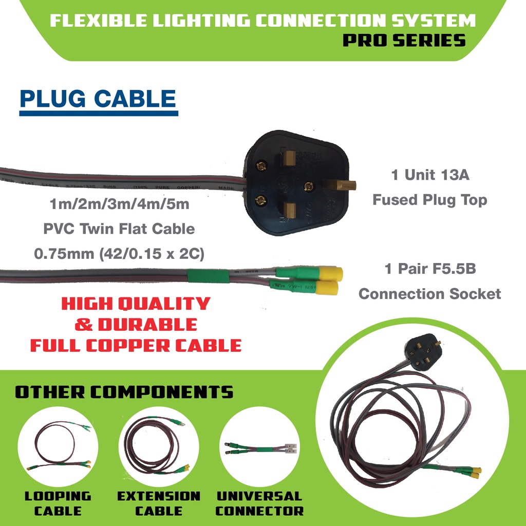 TWIN FLAT CABLE FLEXI LIGHTING SYSTEM - PLUG CABLE - 13A 3-PIN FUSED ...