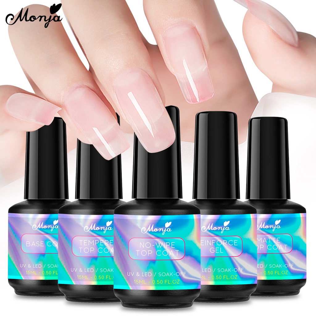 Monja 15ml Tempered No-Wipe Top/Base Coat Super Strong Nail Gel ...