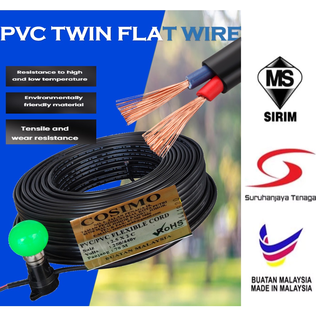 [100% PURE COPPER] Pvc Twin Flat Wire 2.5mm 2 Core Cable Pvc Sheated ...