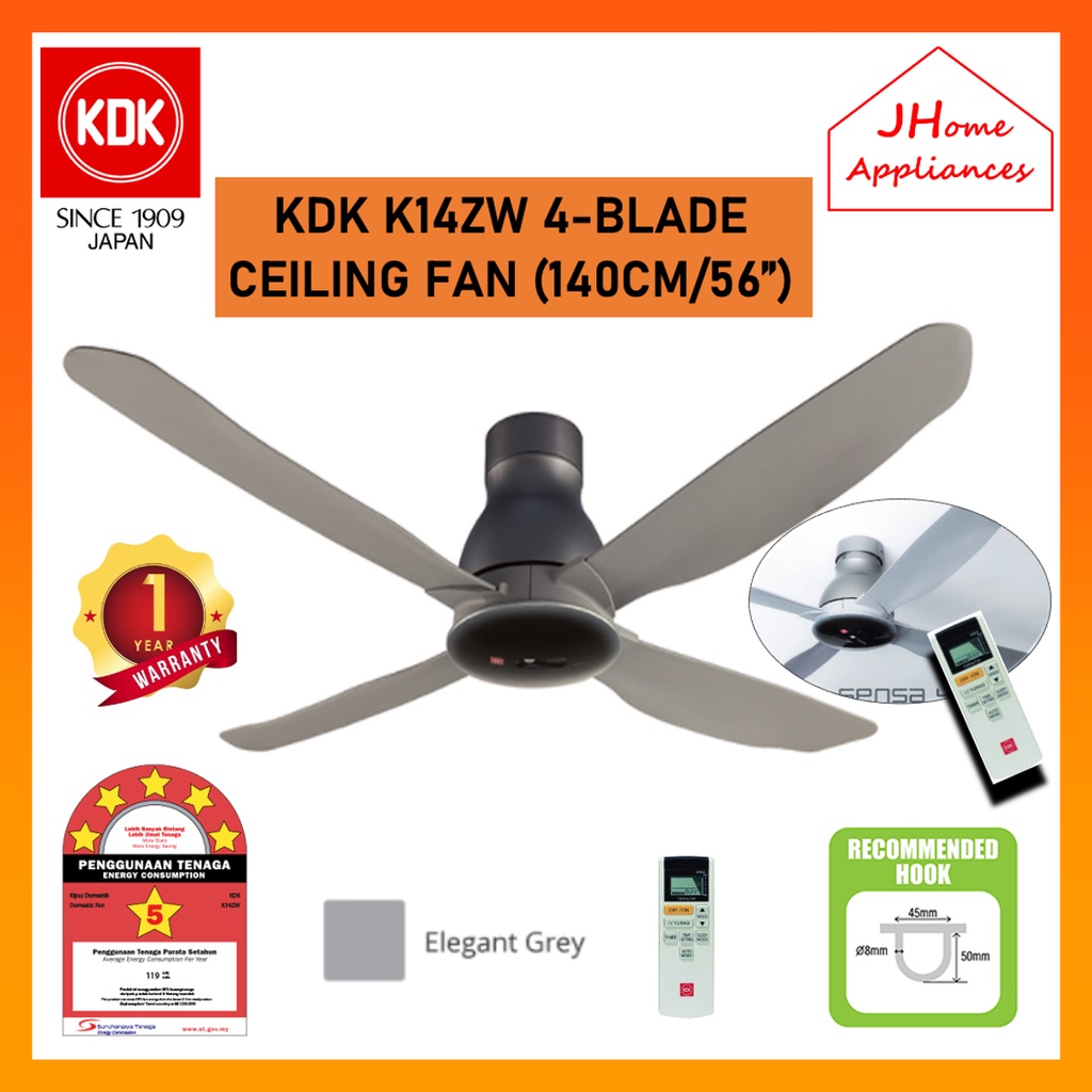 KDK K14ZW SENSA 4 REMOTE CONTROL CEILING FAN (140CM/56”) ELEGANT GREY ...