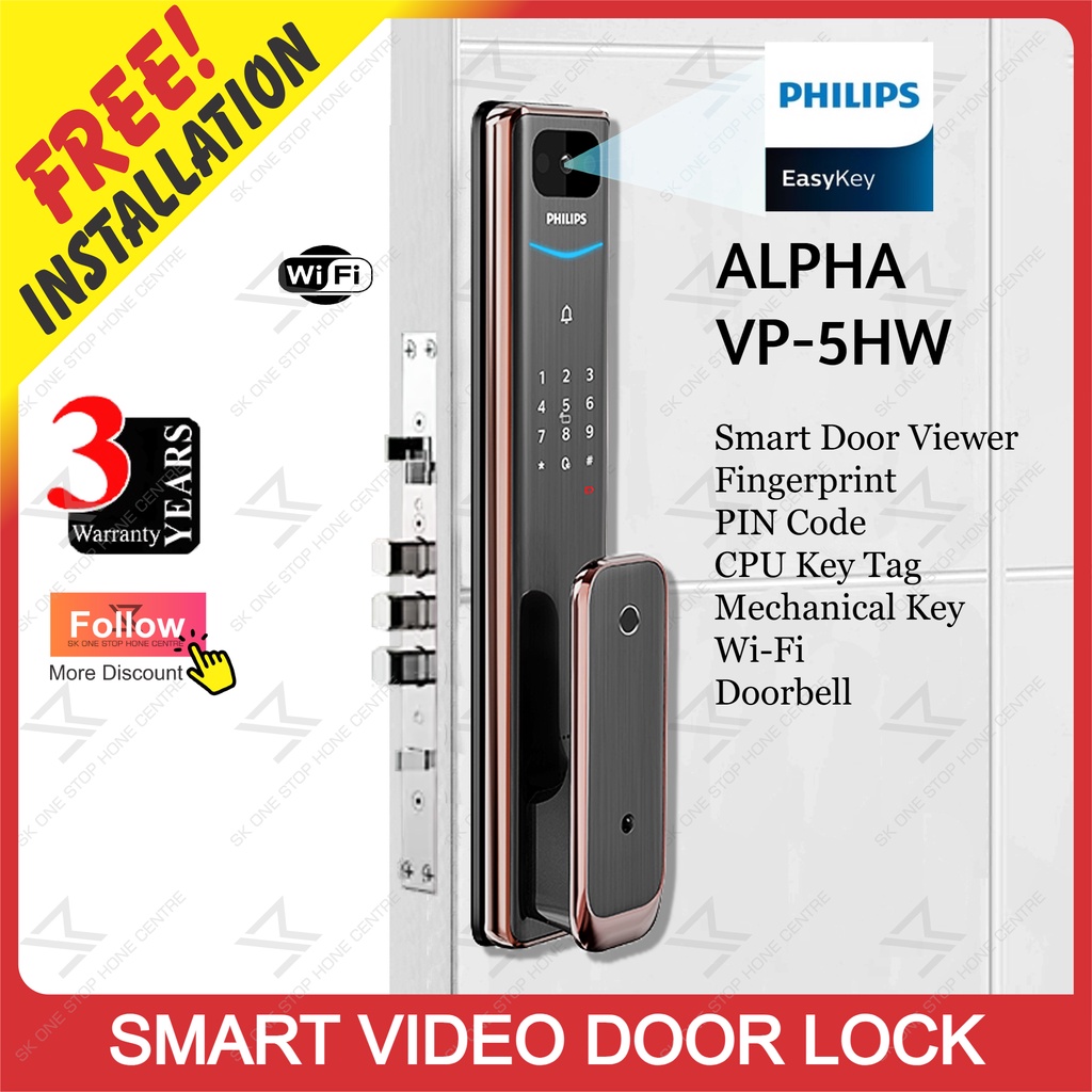 PHILIPS Alpha VP-5HWS Push-Pull Smart Video Door Lock (Wi-Fi, Two-Way Audio Talk, PIR Human ...