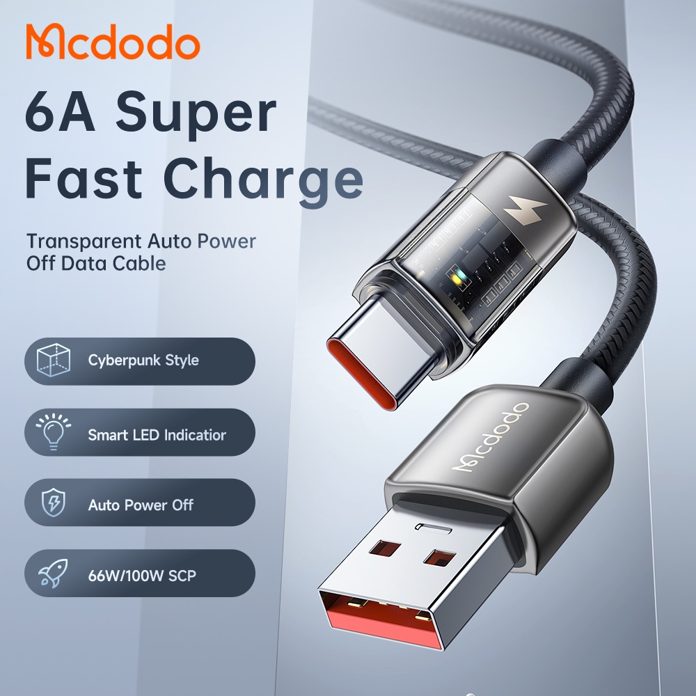 MCDODO CA-3150 100W Auto Power Off Transparent 6A Type-C USB Data Cable Super Fast Quick ...