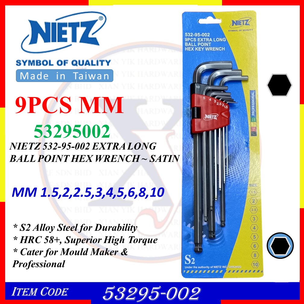 53295-002 (9PCS MM) NIETZ EX LONG BALL POINT HEX WRENCH ALLEN KEY SET ...