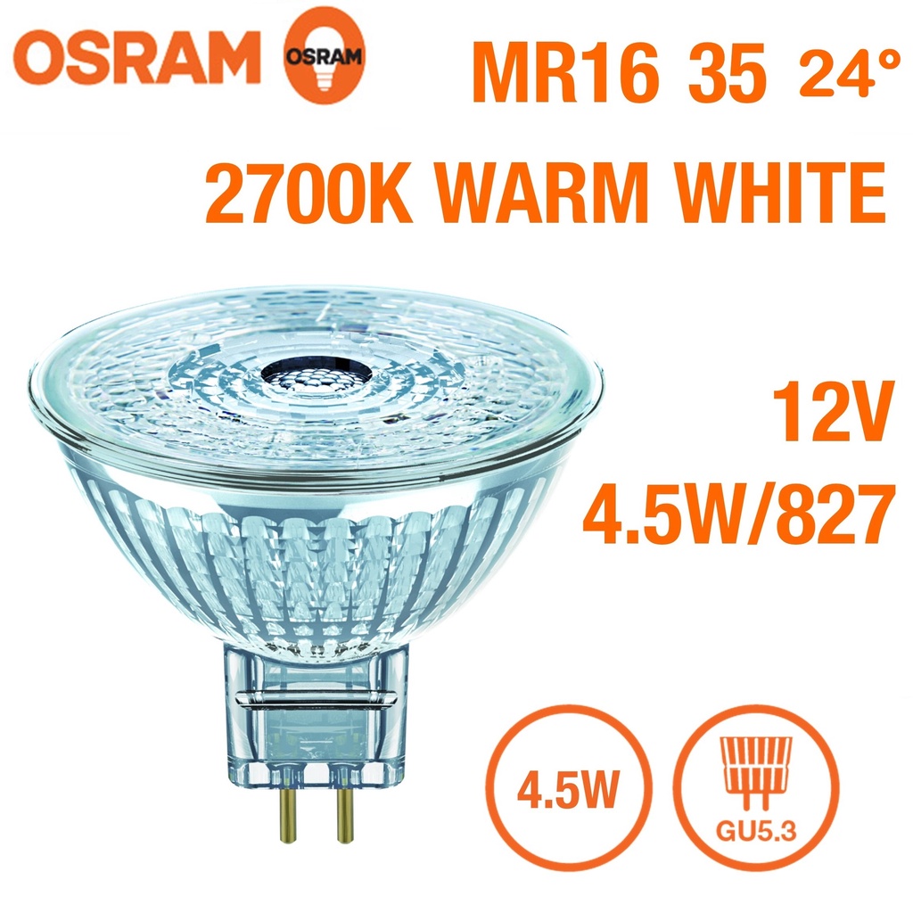 Osram Led Value 4.5W 12V LED MR16 2700K 24D GU5.3 380lm Warm White Led Bulb Led Lamp replaces 5W ...