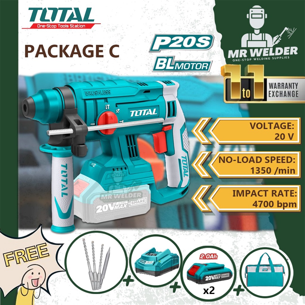 TOTAL TRHLI2201 20V LITHIUM-ION CORDLESS BRUSHLESS ROTARY HAMMER ...
