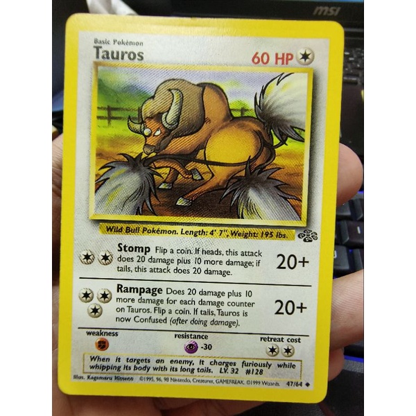 Colourless Type - Pokemon Card Vintage - Tauros 47/64 Pokemon Fossil ...
