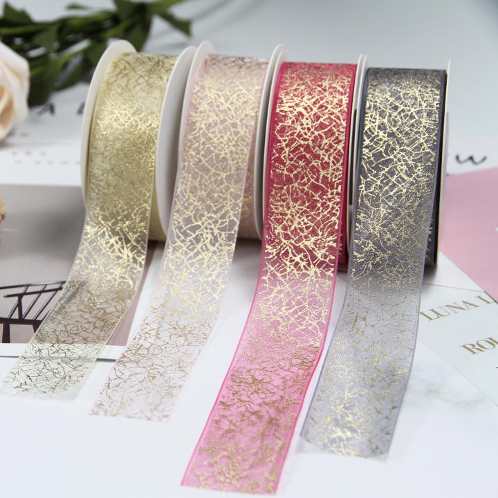 1m/5m Twinkle Gold Textured Organza Ribbon | Gold Pattern Sheer Ribbon ...