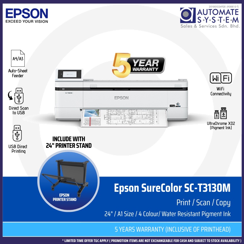 EPSON SureColor SC-T3130M | 24" / A1 Size | 4 Color Multi-Function Technical Printer | FREE 24 ...