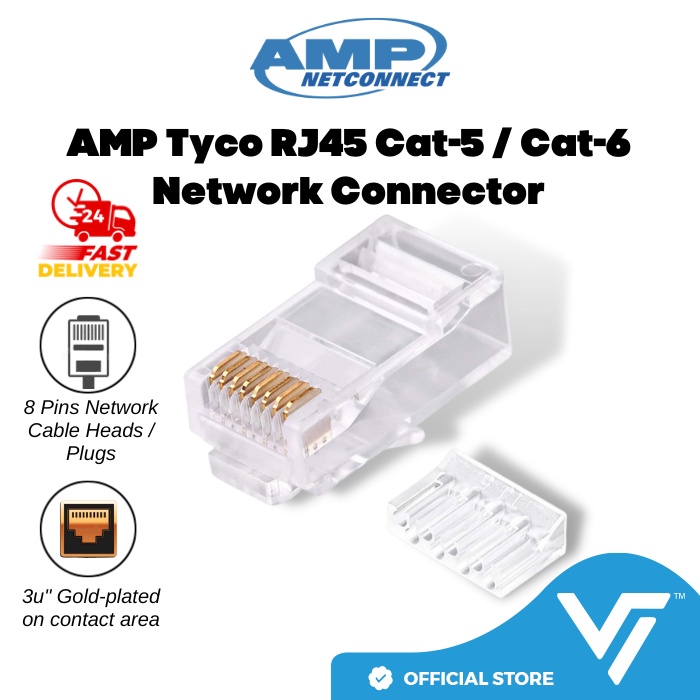 AMP Tyco RJ45 Cat5 Modular Plug Network Connector (Gold Plated, 8 pin ...