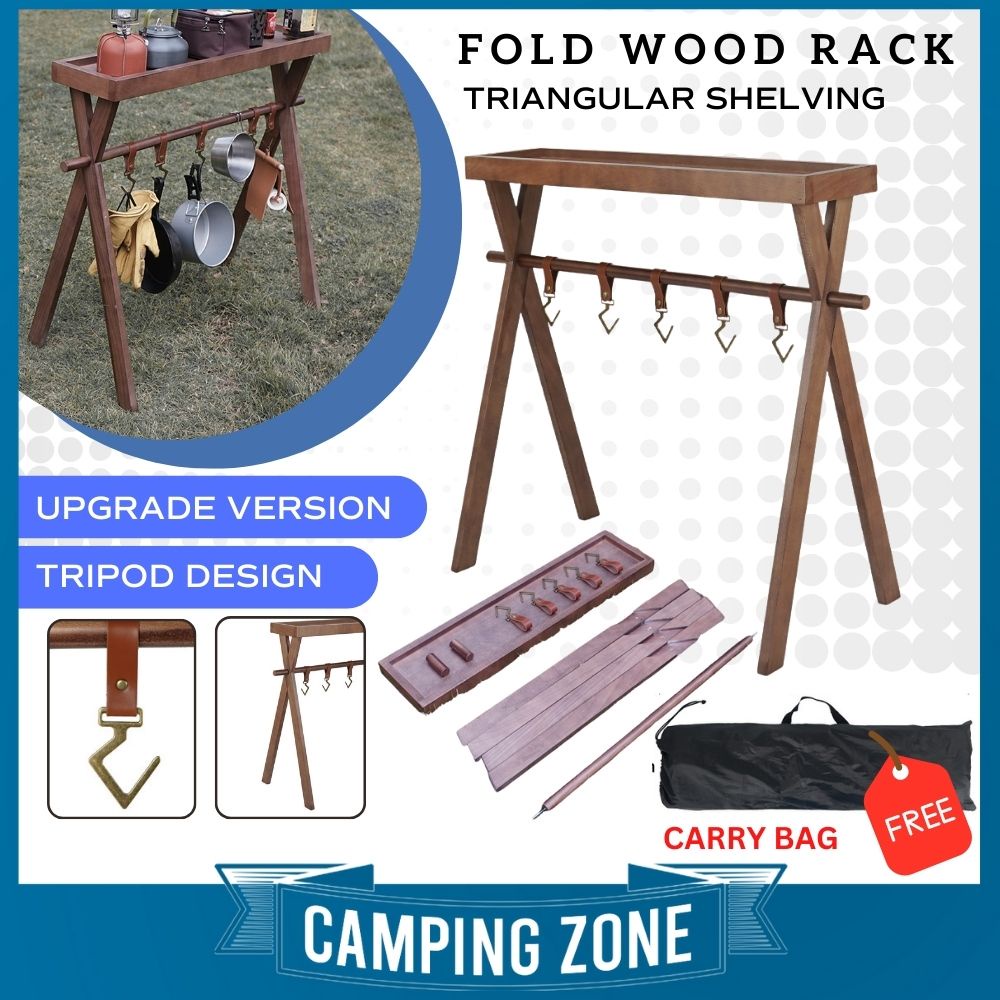 Folding Camping Solid Wood Shelf Foldable Tripod Rack Vintage Pine ...