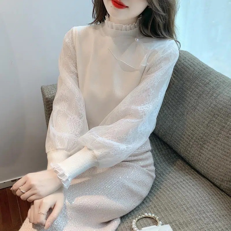 [40-90kg] Classy Celebrity Style Chiffon Lace Lantern Sleeve Knitted ...