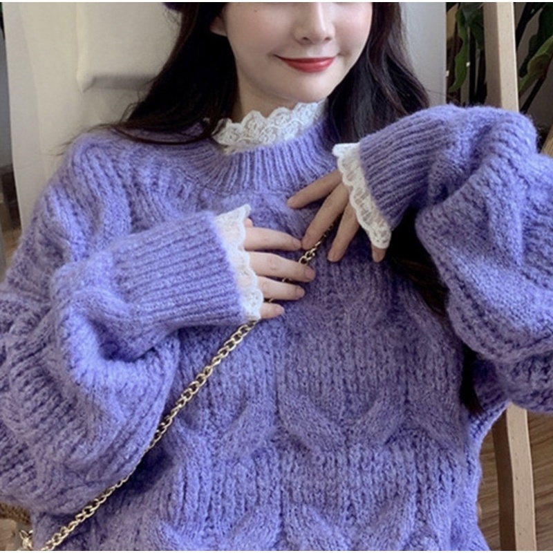 Stylized collar lace sweater - Beautiful thick sweater | Shopee Malaysia