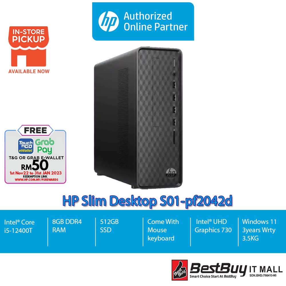 HP S01-PF2042D Slim Desktop PC - Black (I5-12400/8GB/512GB SSD/Wired KB ...