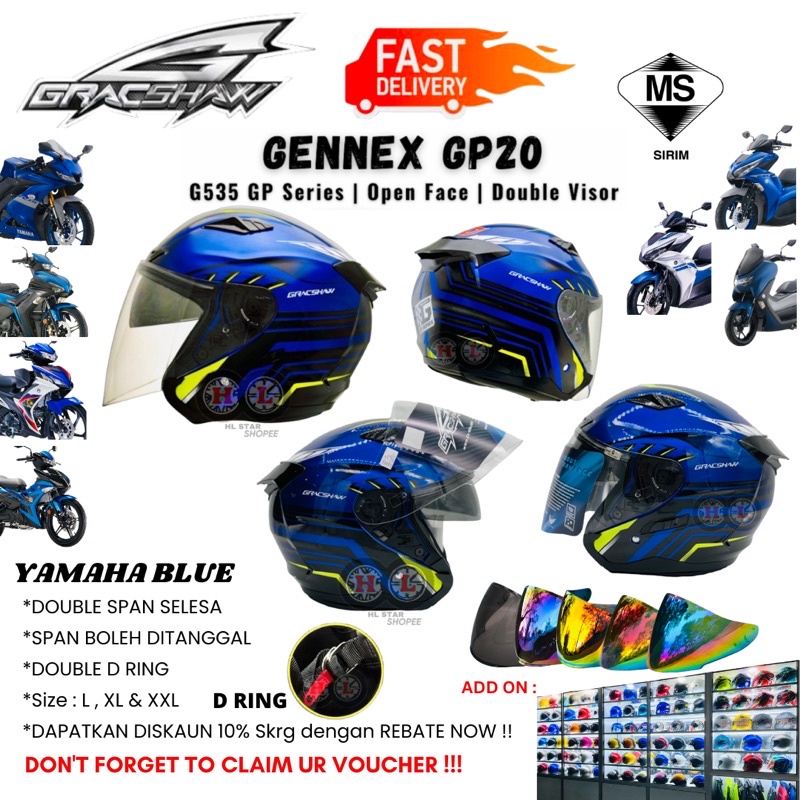 GRACSHAW GENNEX G535 YAMAHA GP20 HELMET DOUBLE VISOR (GRACSHAW HELMET ...