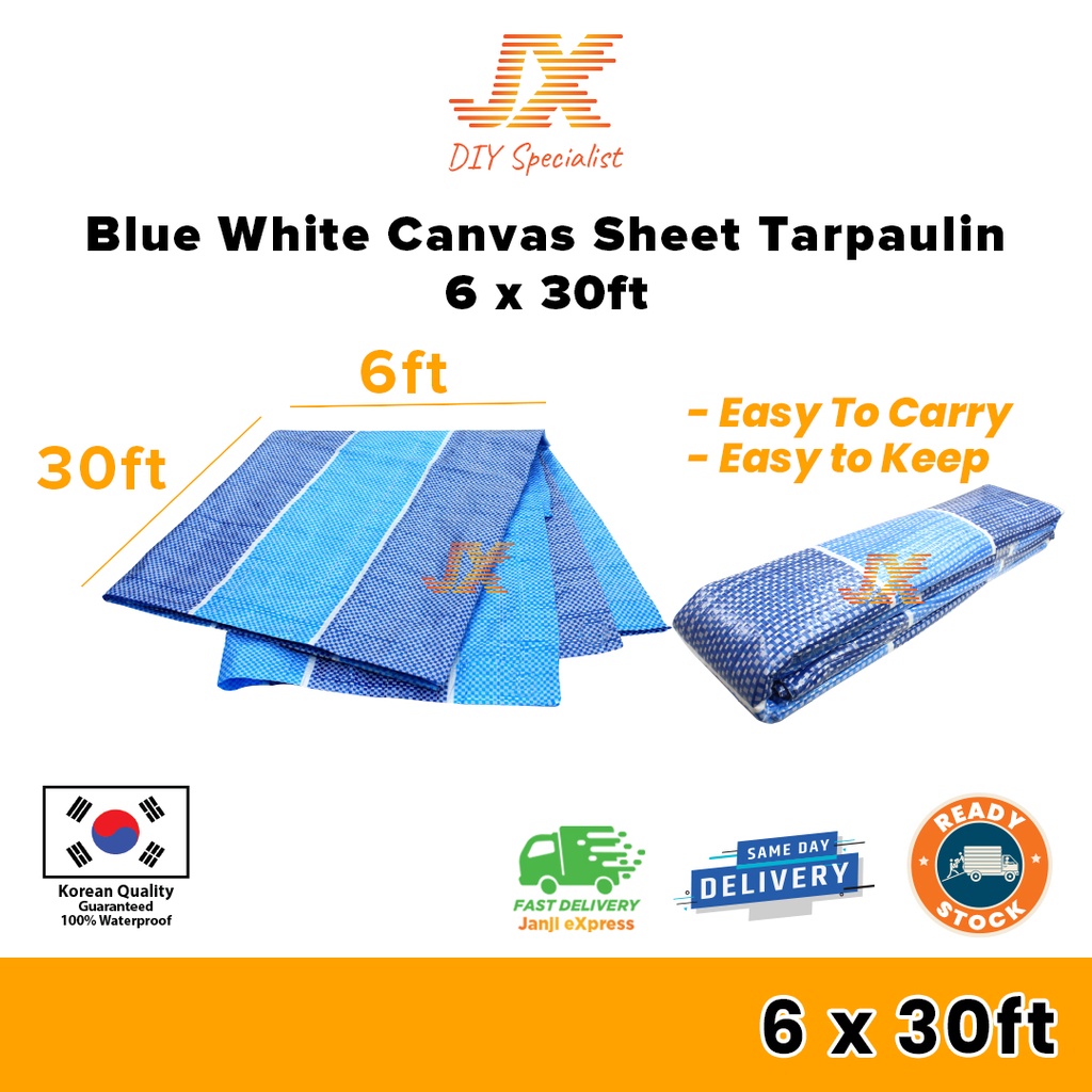 SUNTUF Blue White Canvas Sheet Tarpaulin 6ft x 30ft (9M) Kanvas Biru ...