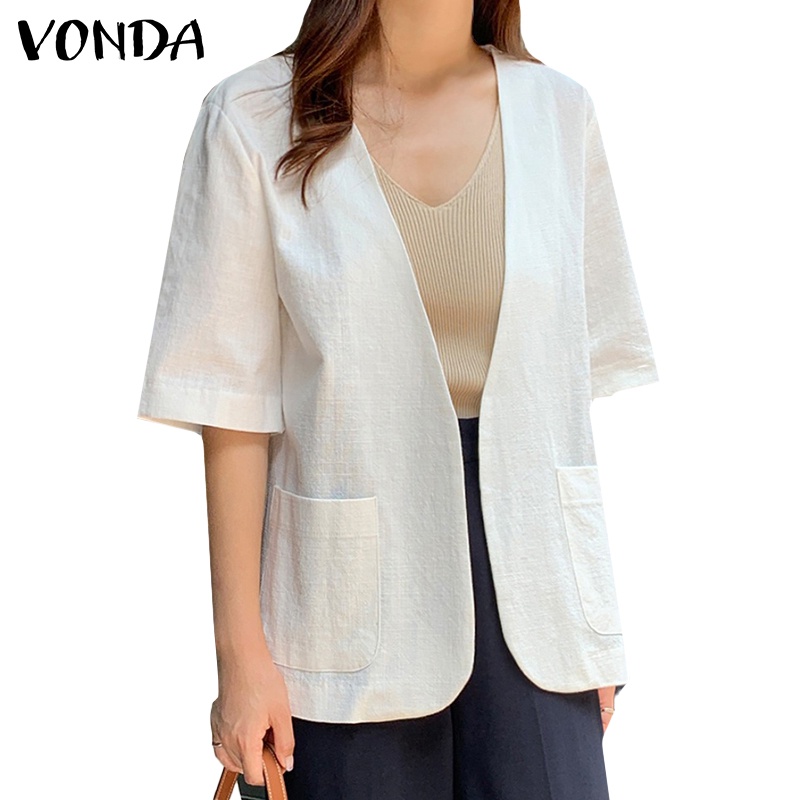 VONDA Women Korean Casual V Neck Half Sleeve Solid Color Pockets ...