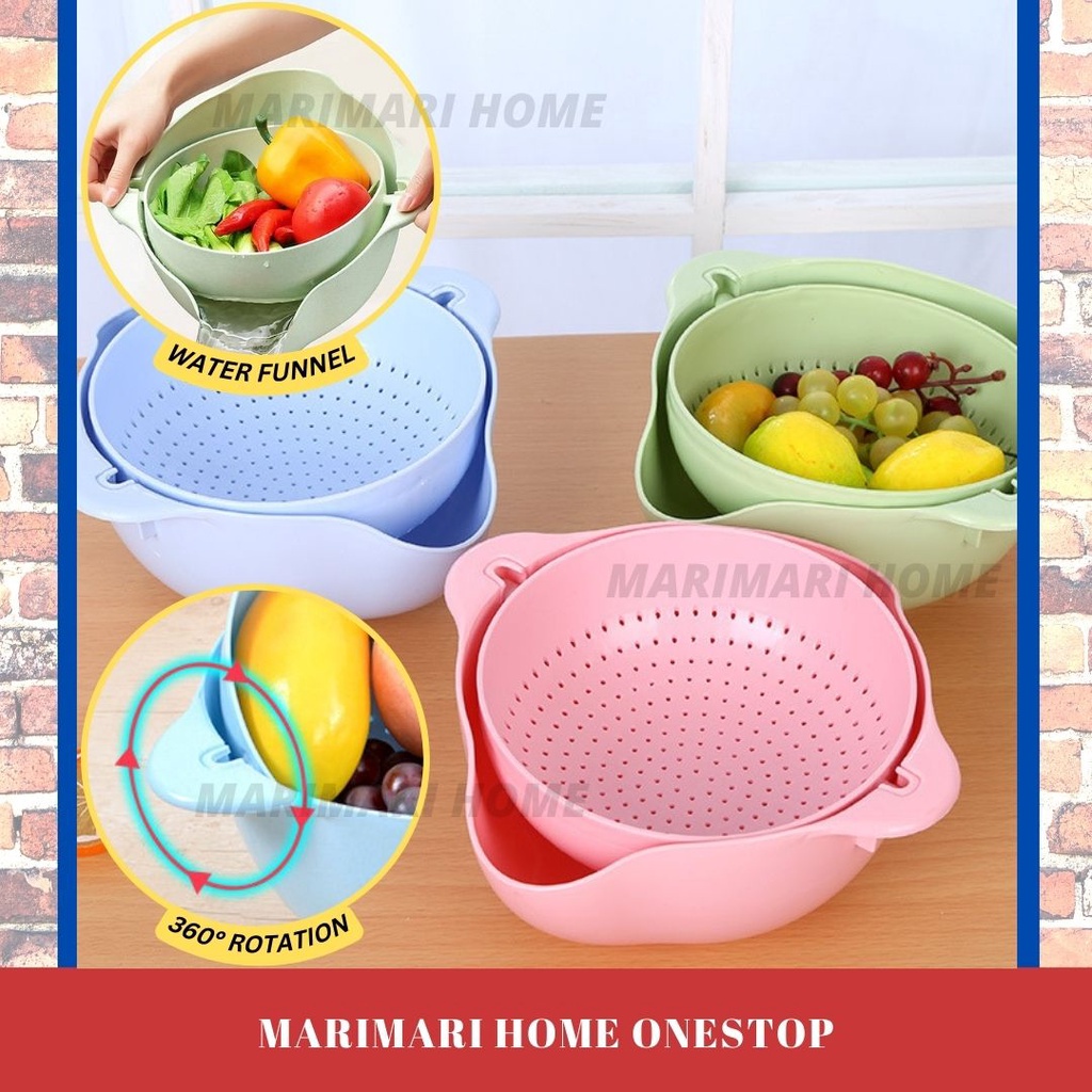 360° Rotation Double Layer Drain Wash Basket Spinning Drainer Fruit ...