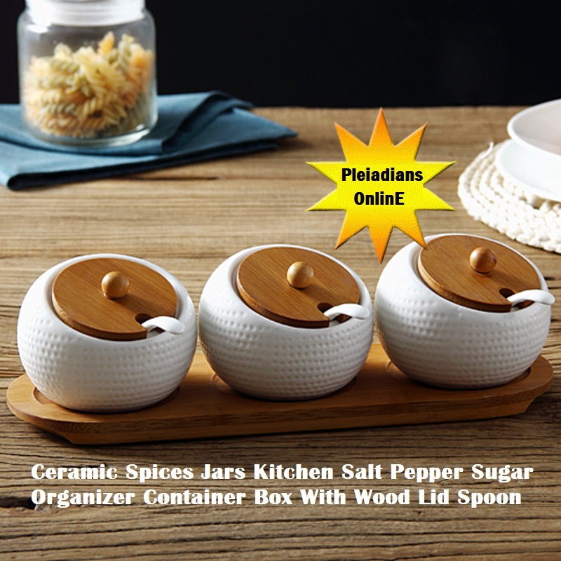 HOMIEE Ceramic Spices Jars SJ Kitchen Container Box Wood Lid Spoon ...