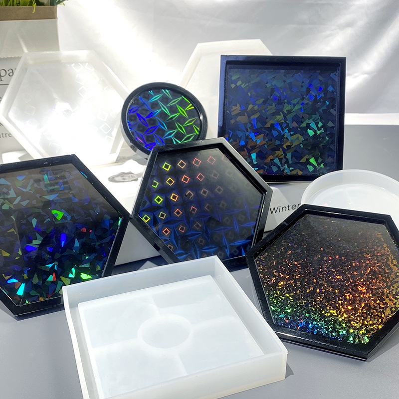 ~TGS~Holographic coaster silicone mold round square hexagonal for resin ...